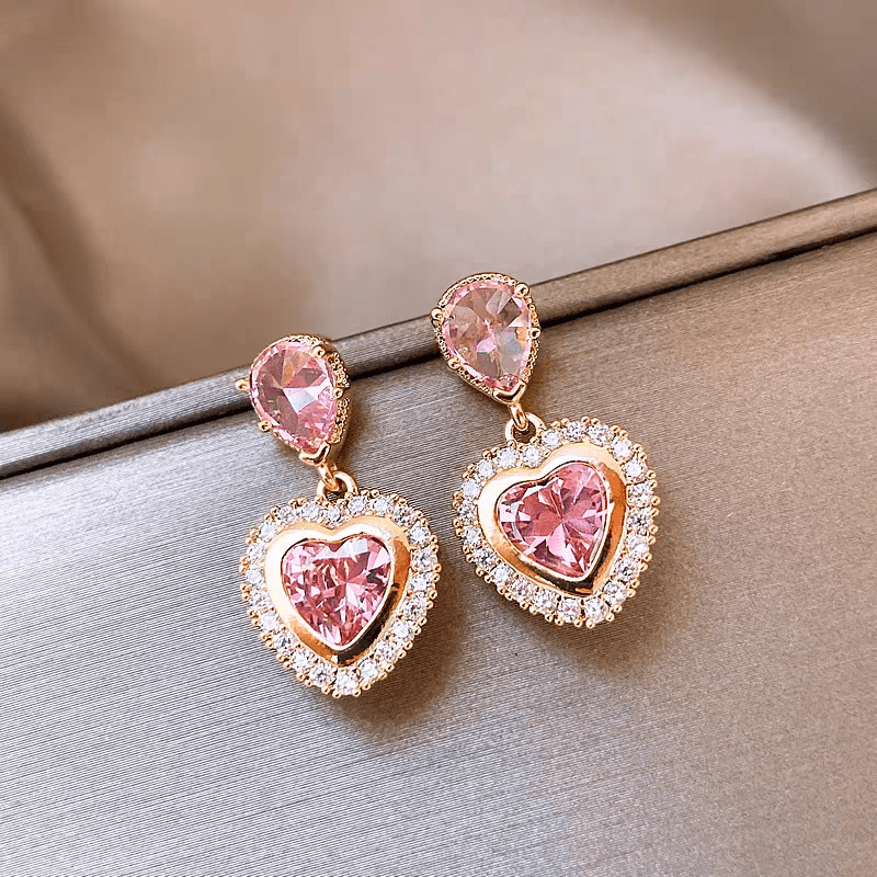 Romantic Pink Crystal Dangling Heart Earrings – ArtGalleryZen