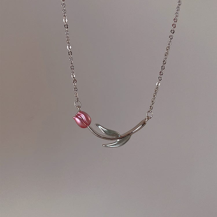 Dainty Pink Tulip Enamel Necklace - Handmade Floral Chain Jewelry ...